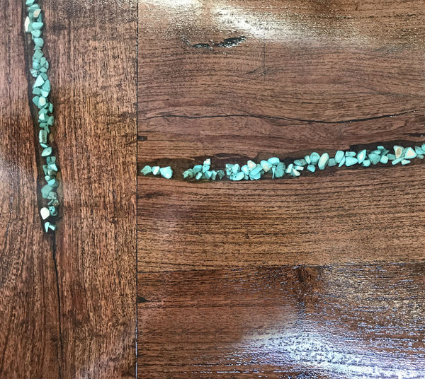 Custom Mesquite Round Dining Table With Turquoise Inlay - Our Stuff