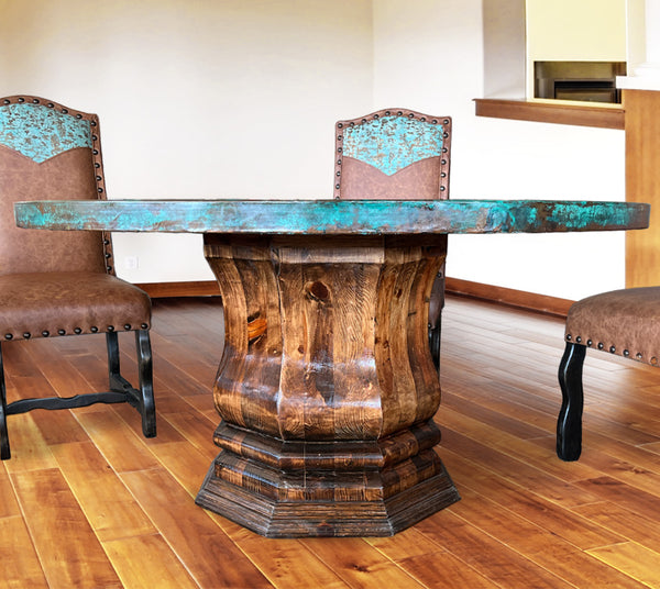 Custom Hammered Copper Dining Table With Octagon Wooden Base - Our Stuff